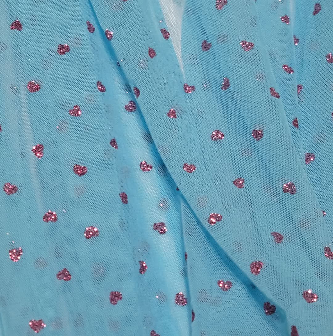 Turquoise Mesh Glitter Hearts – Bluebell Fabrics